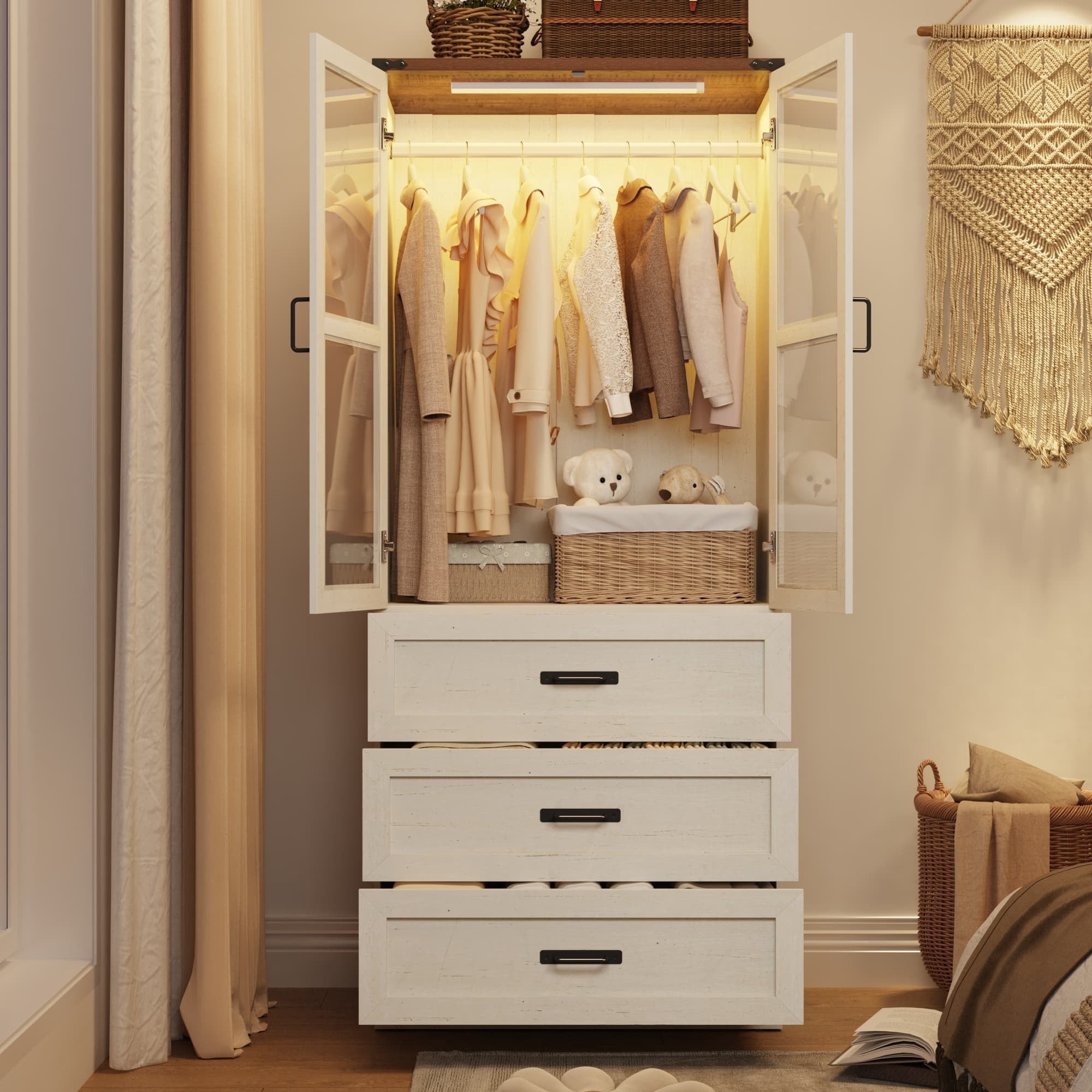 75" H Wardrobe Closet with LED Light & Glass Door, Modern Armoire ...