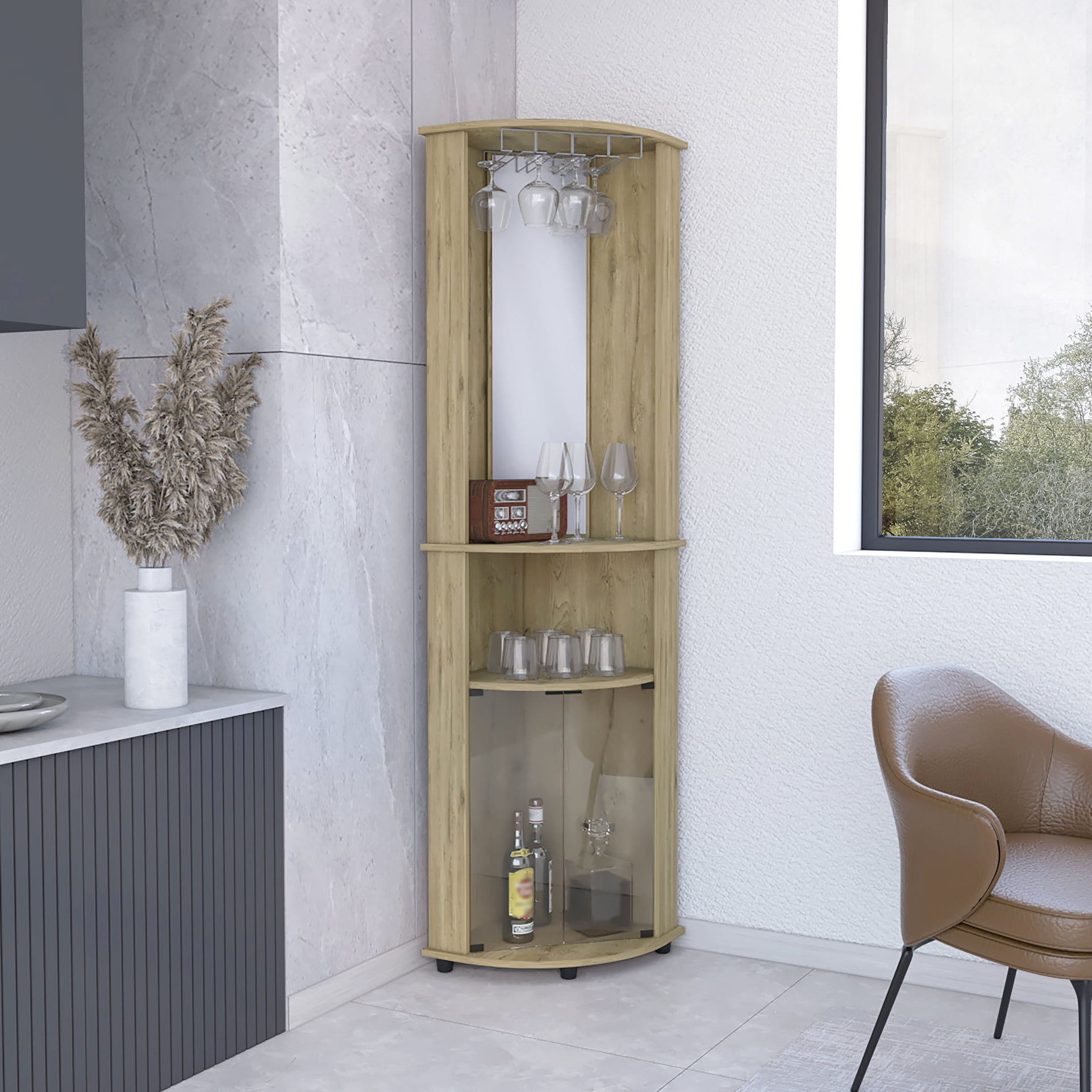 75" High Mirrored Corner Cabinet With Glass Doors And Two Shelves For ...