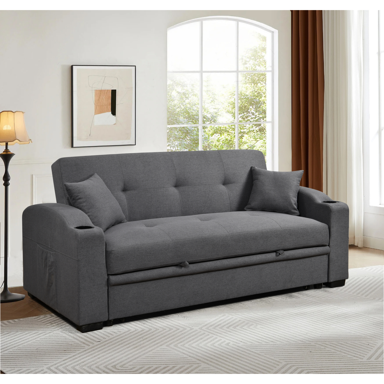 75 Inch 3 in 1 Convertible Modern Sofa with Convenient Pull Out Bed ...