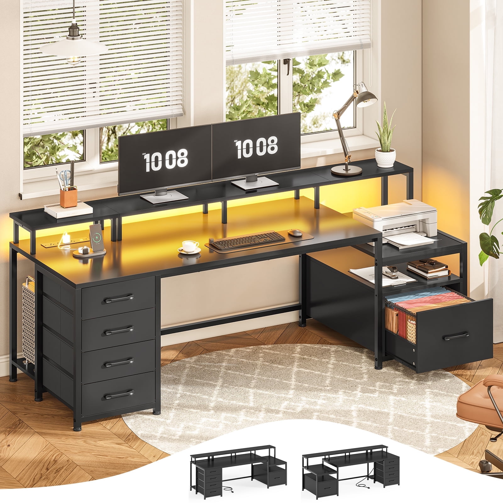 75 Inch Computer Desk with 5-Drawer Power Outlet & Led Lights, Home ...