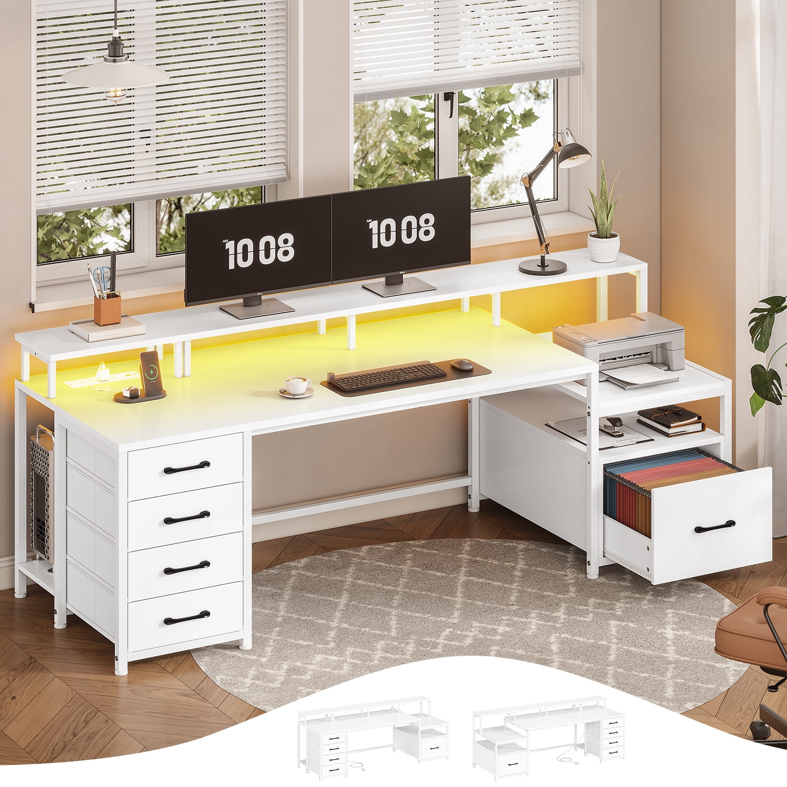 75 Inch Computer Desk with 5-Drawer Power Outlet & Led Lights, Home ...