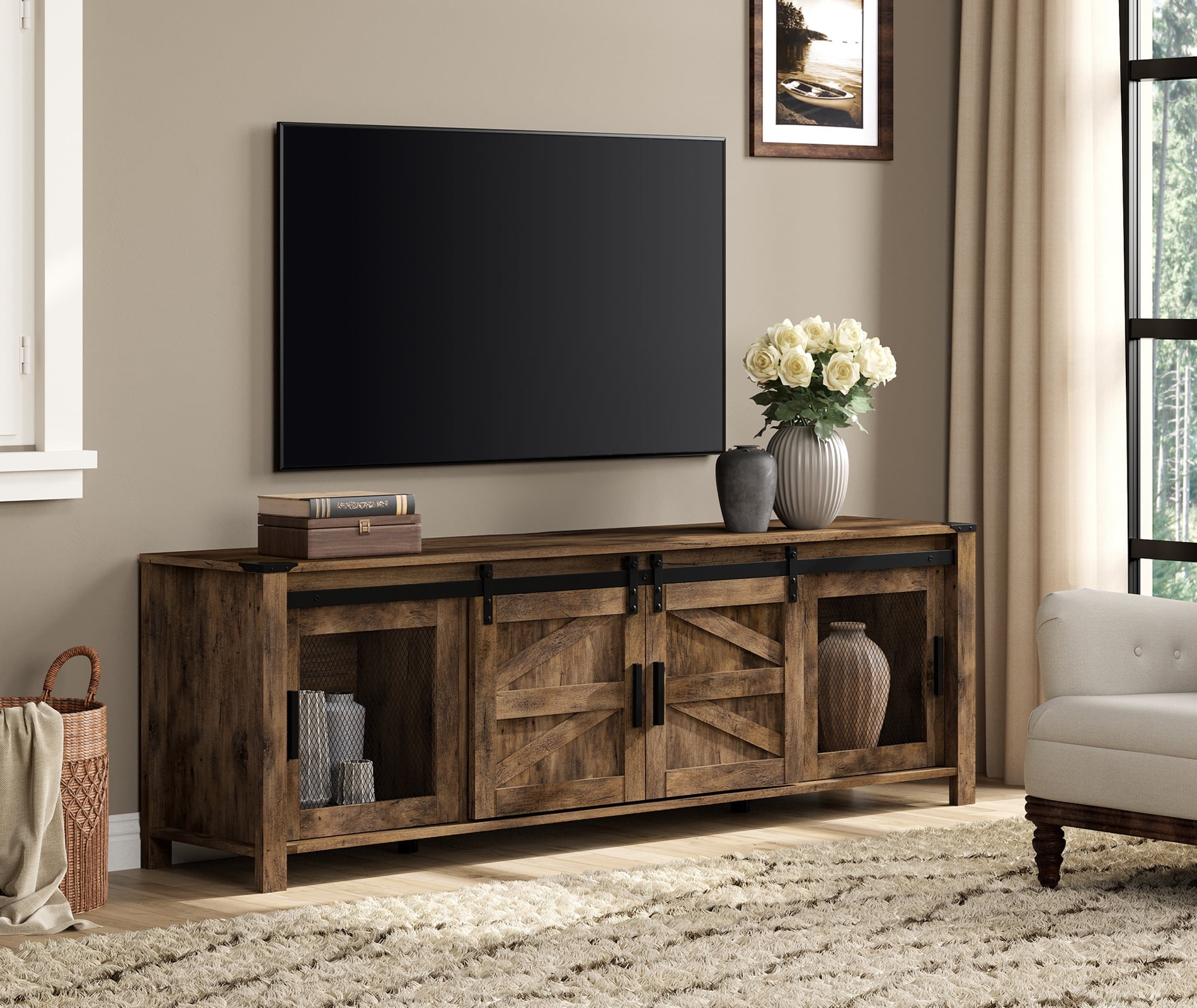 Wampat 75 Farmhouse TV Stand with Storage Cabinet Walnut Brown