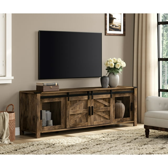Free Shipping! 75 Inch Farmhouse TV Stand,Walnut Brown Entertainment ...