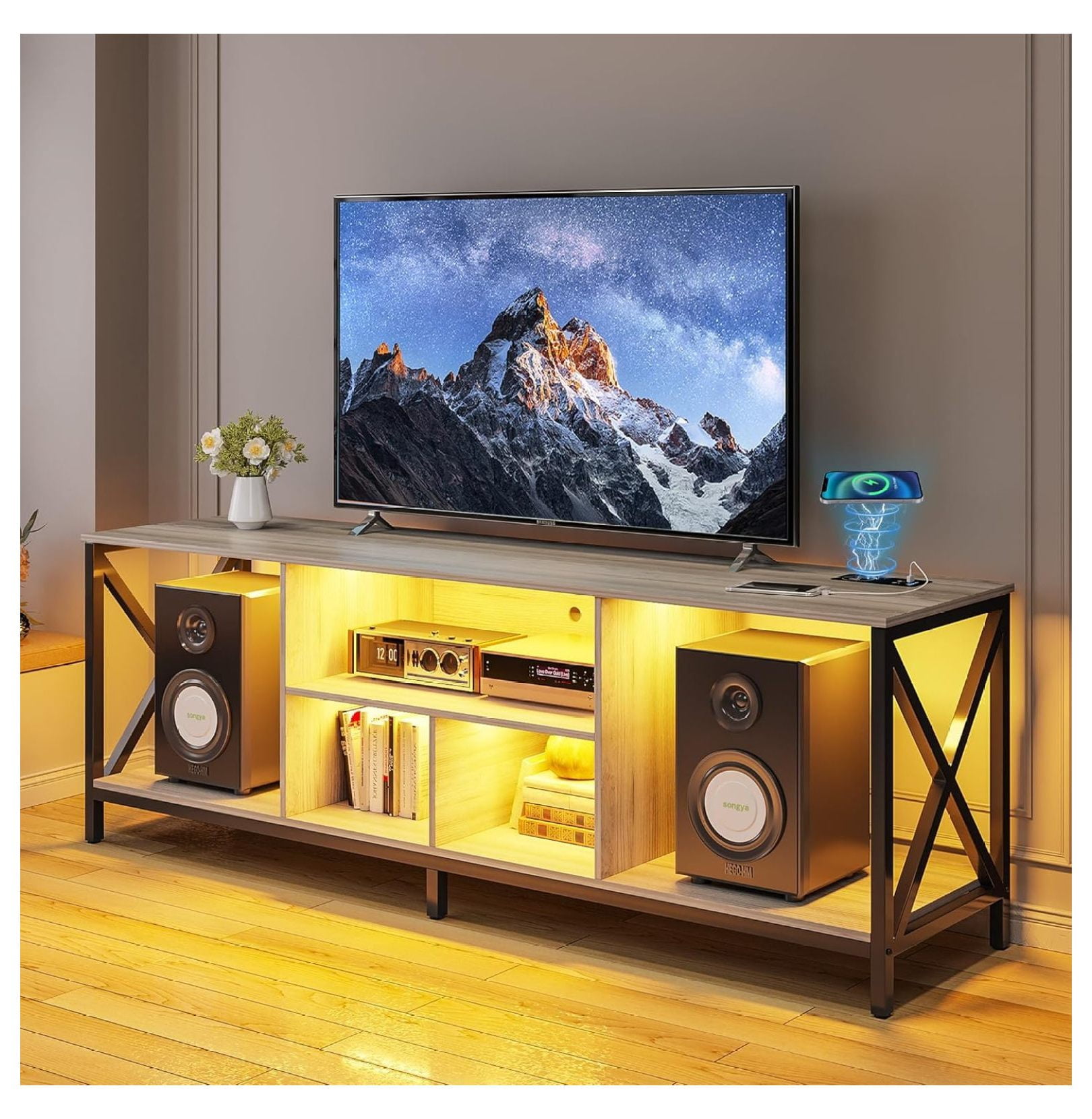 75 Inch TV Stand with LED Lights, Industrial Entertainment Center TV ...