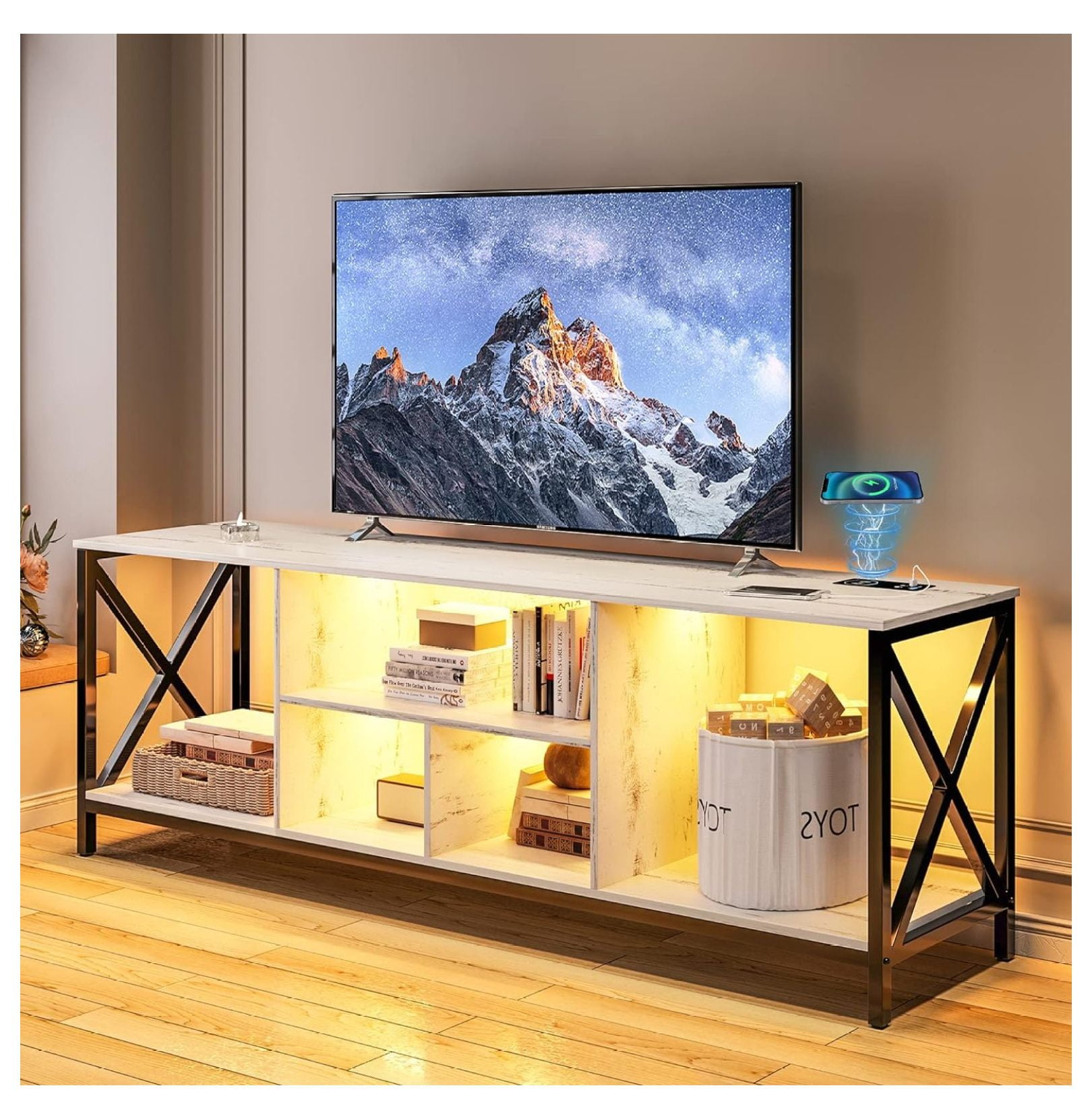 75 Inch TV Stand with LED Lights, Industrial Entertainment Center TV ...