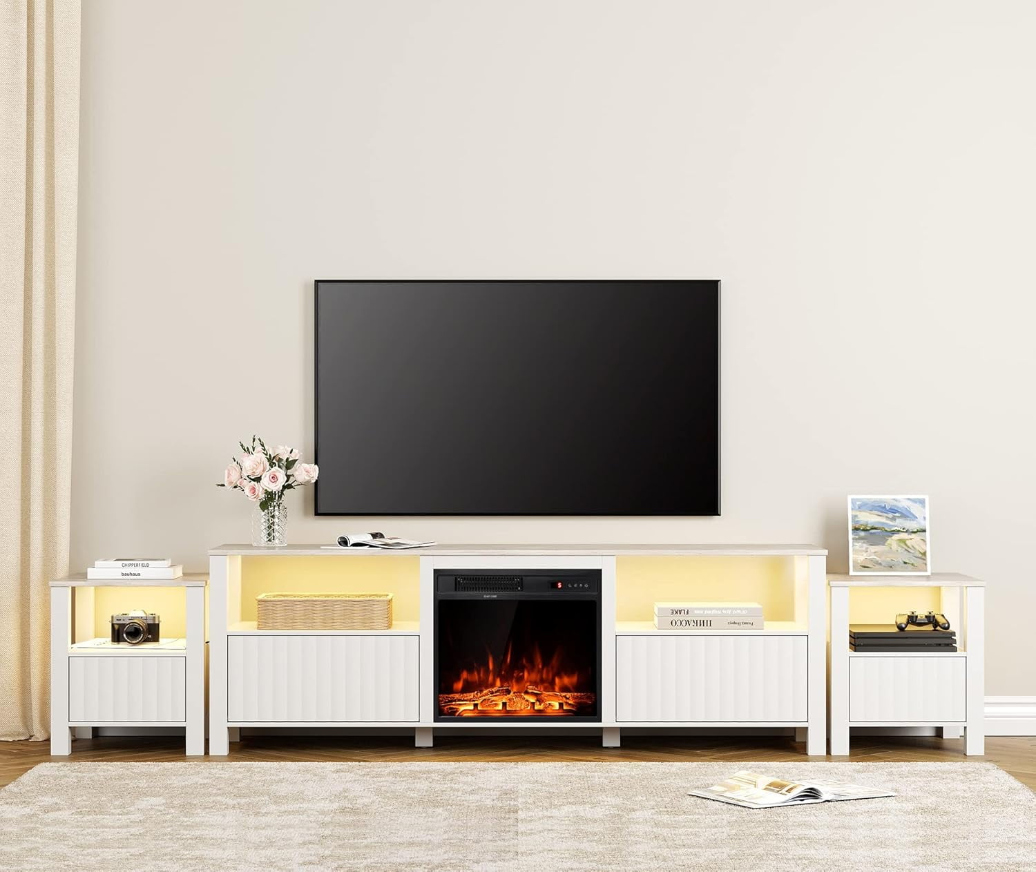 75+ Inch TV Stand with Fireplace & LED Light, Modern Entertainment ...