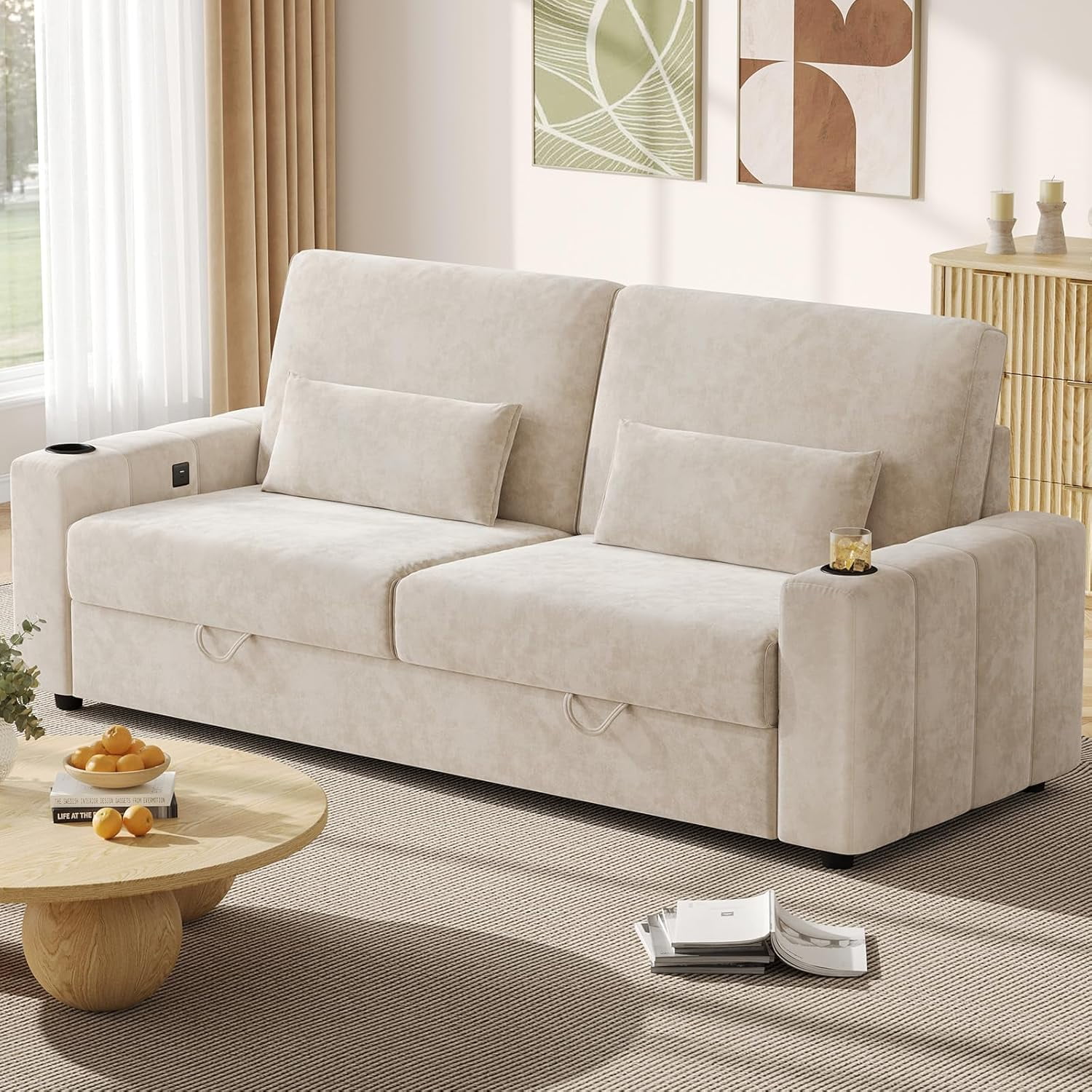 75 Inch Velvet Loveseat Sofa, Couch for Living Room with Storage, Cup ...