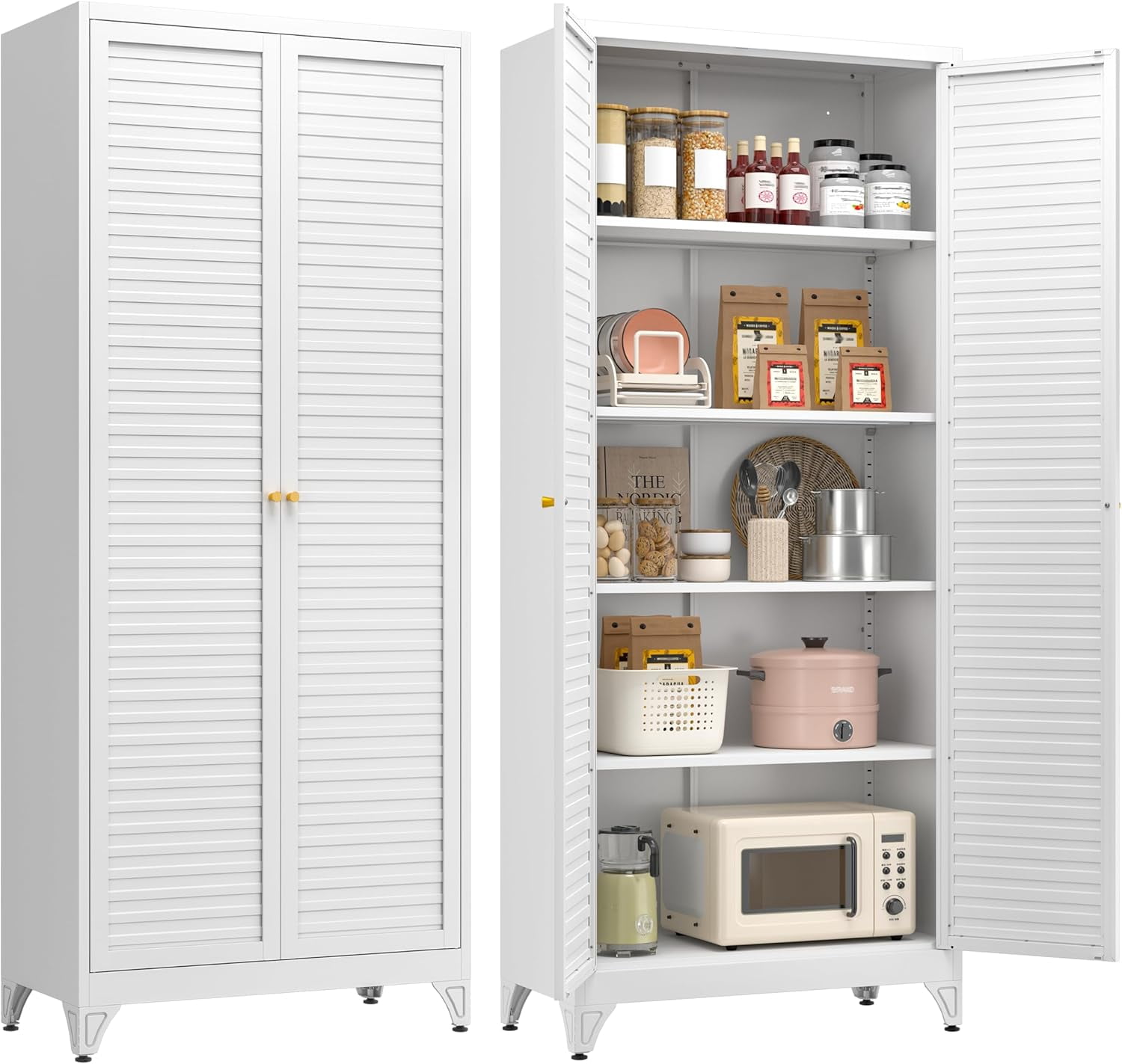 75" Kitchen Pantry Cabinet, White Metal Storage Cabinet with Doors and ...