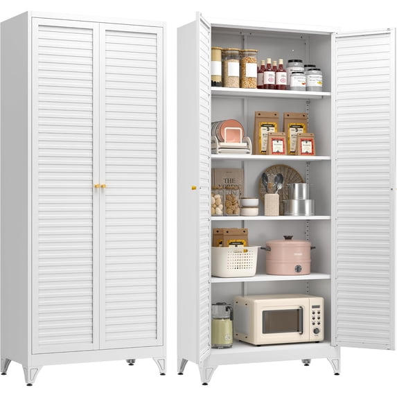 75" Kitchen Pantry Cabinet, White Metal Storage Cabinet with Doors and ...
