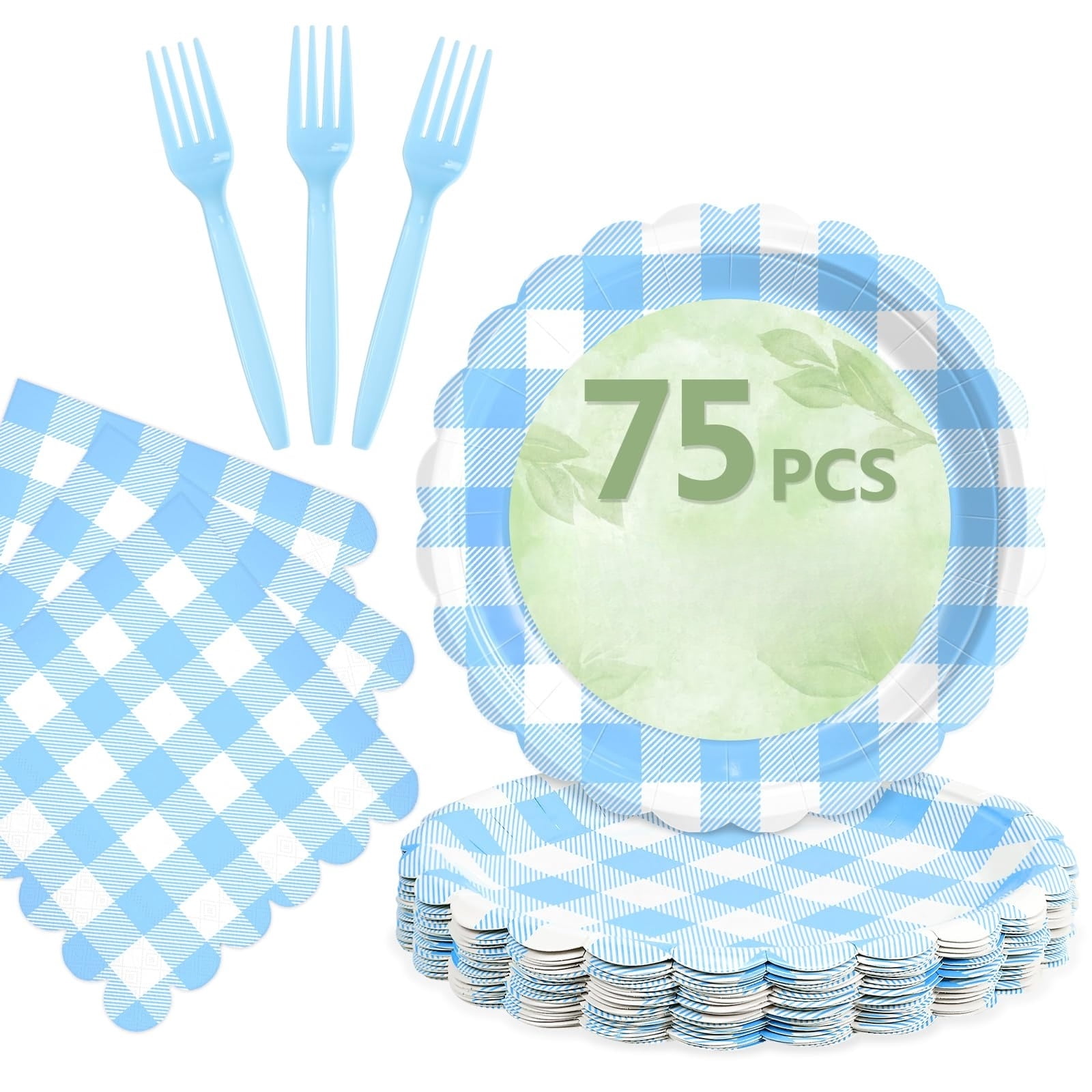 75 Light Blue Gingham Plates and Napkins Disposable Set Includes 25 ...