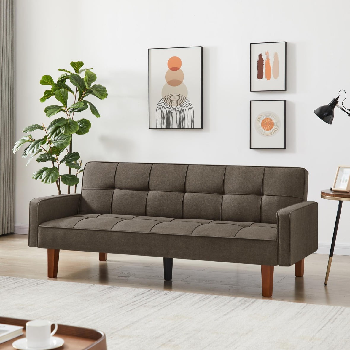 75" Linen Futon Sofa Bed, Convertible Sleeper Sofa with Arms Split Back ...