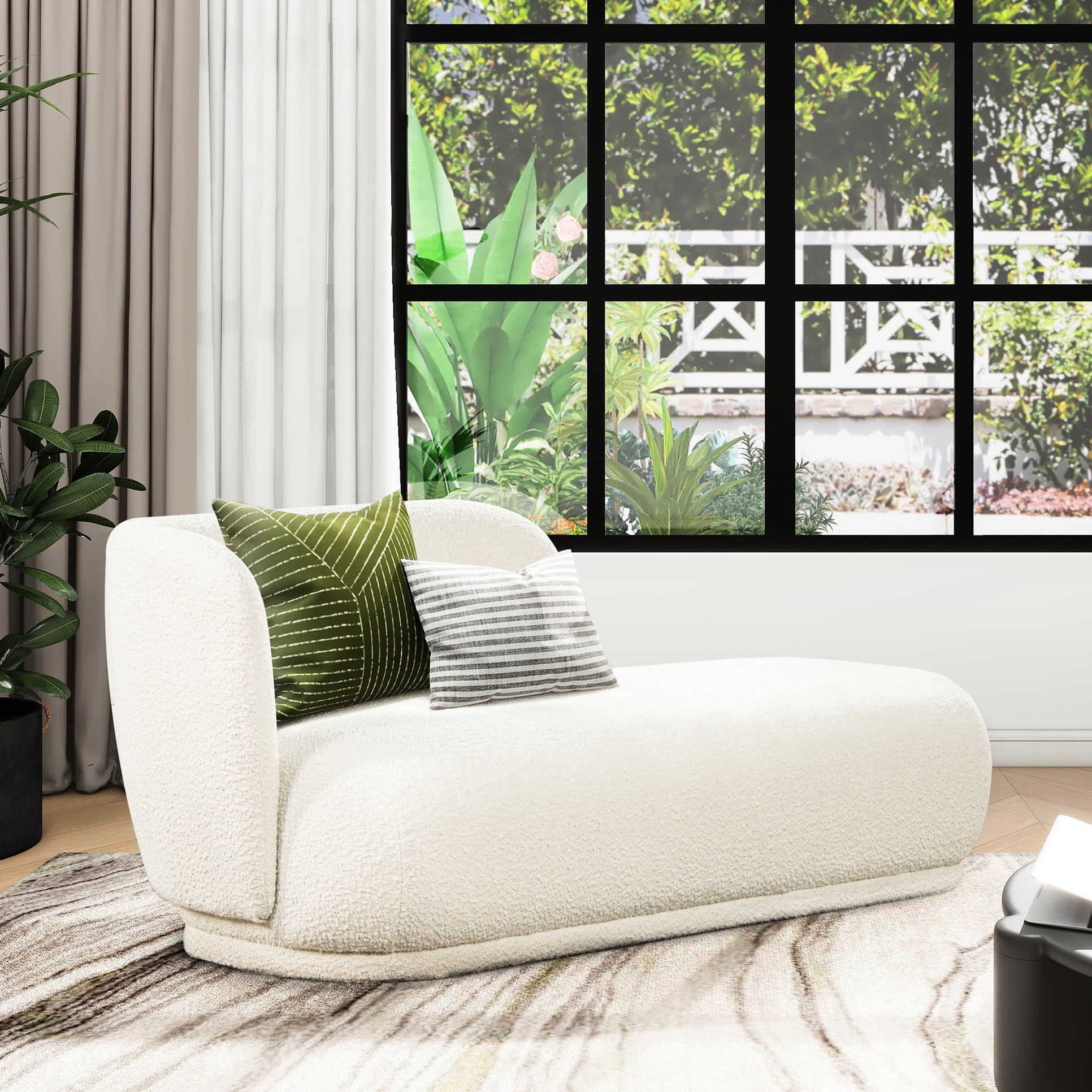 75" Modern Boucle Chaise In White - Curved Arm Detail Textured Back ...