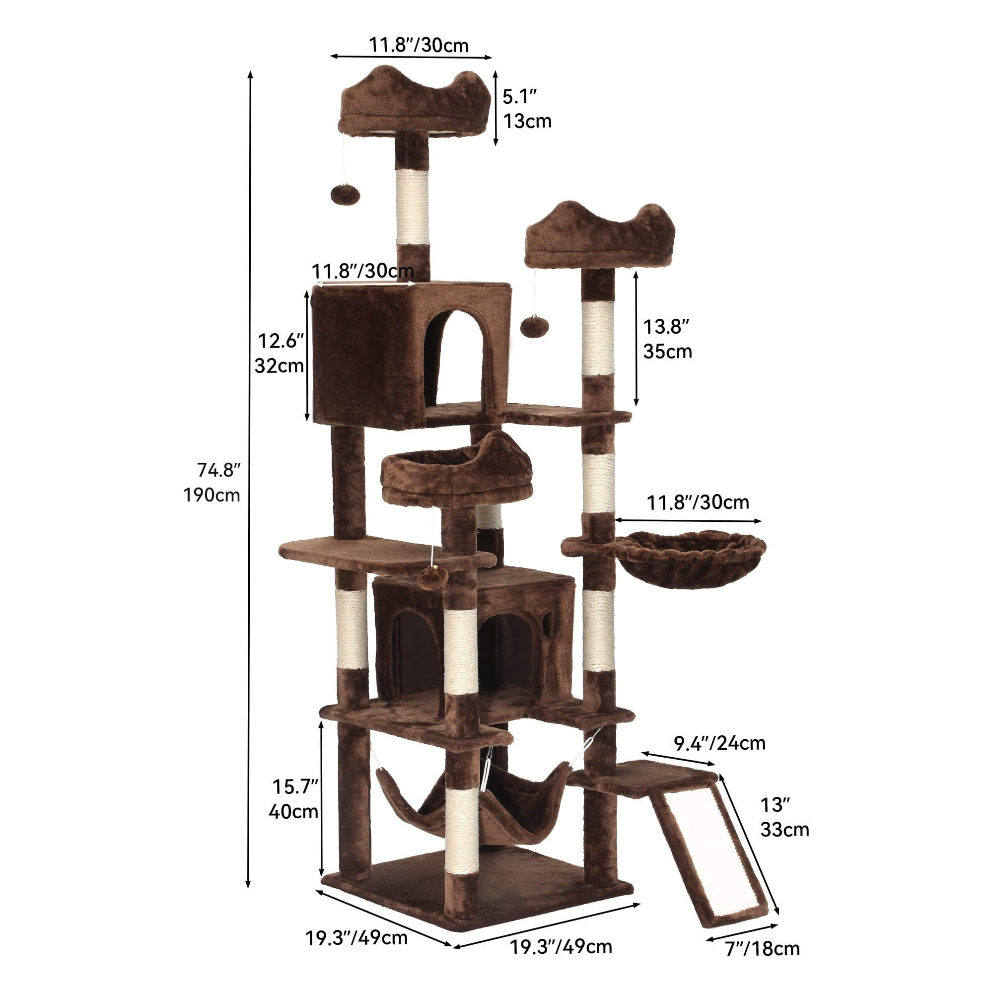 75" Multi-Level Cat Tree Tower with Cat Condos, Top Perches, Hammocks ...