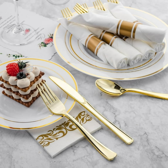 75 Pack Pre Rolled Gold Plastic Cutlery Set, Wrapped Plastic Silverware ...