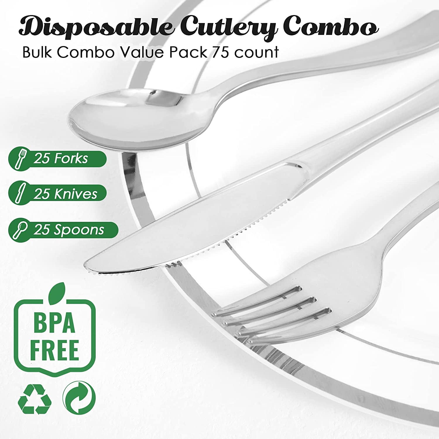 75 Pack Silver Plastic Silverware Disposable Cutlery Set - 25 Forks, 25 ...