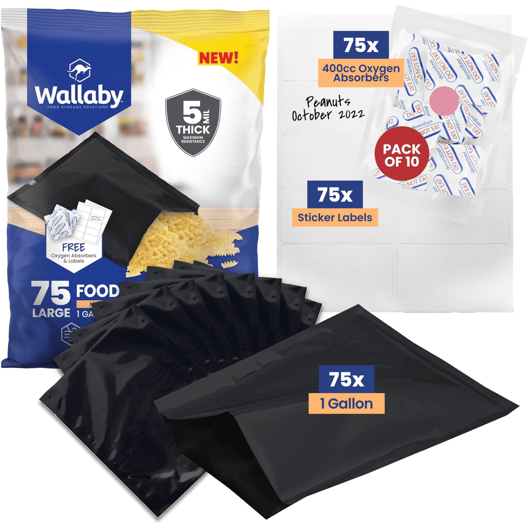 Wallaby Mylar 75-Bag Bundle Food Storage: 1-Gallon Matte Black, Oxygen ...