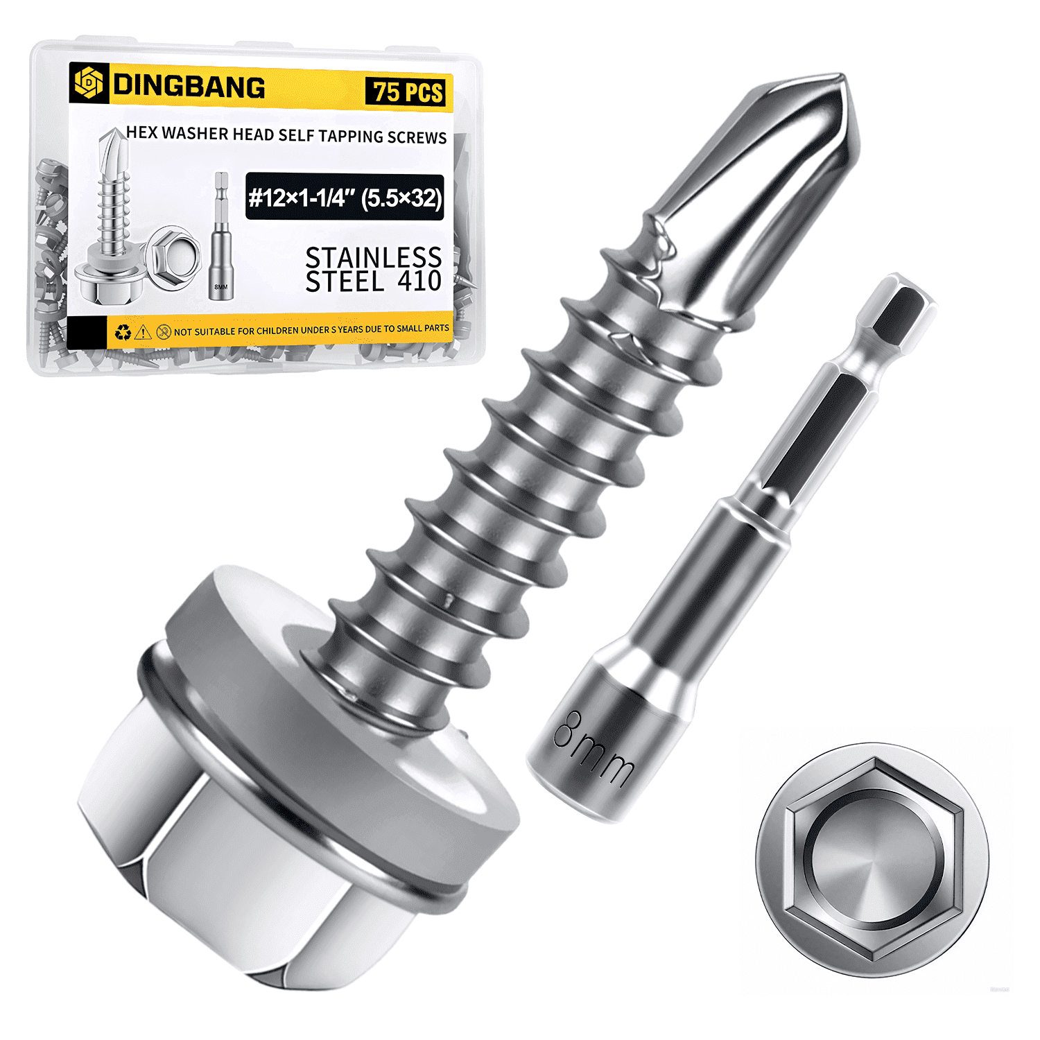 75 Pcs (#12×1 1/4"/5.5*32) 410 Stainless Steel Hex Head Self Tapping ...