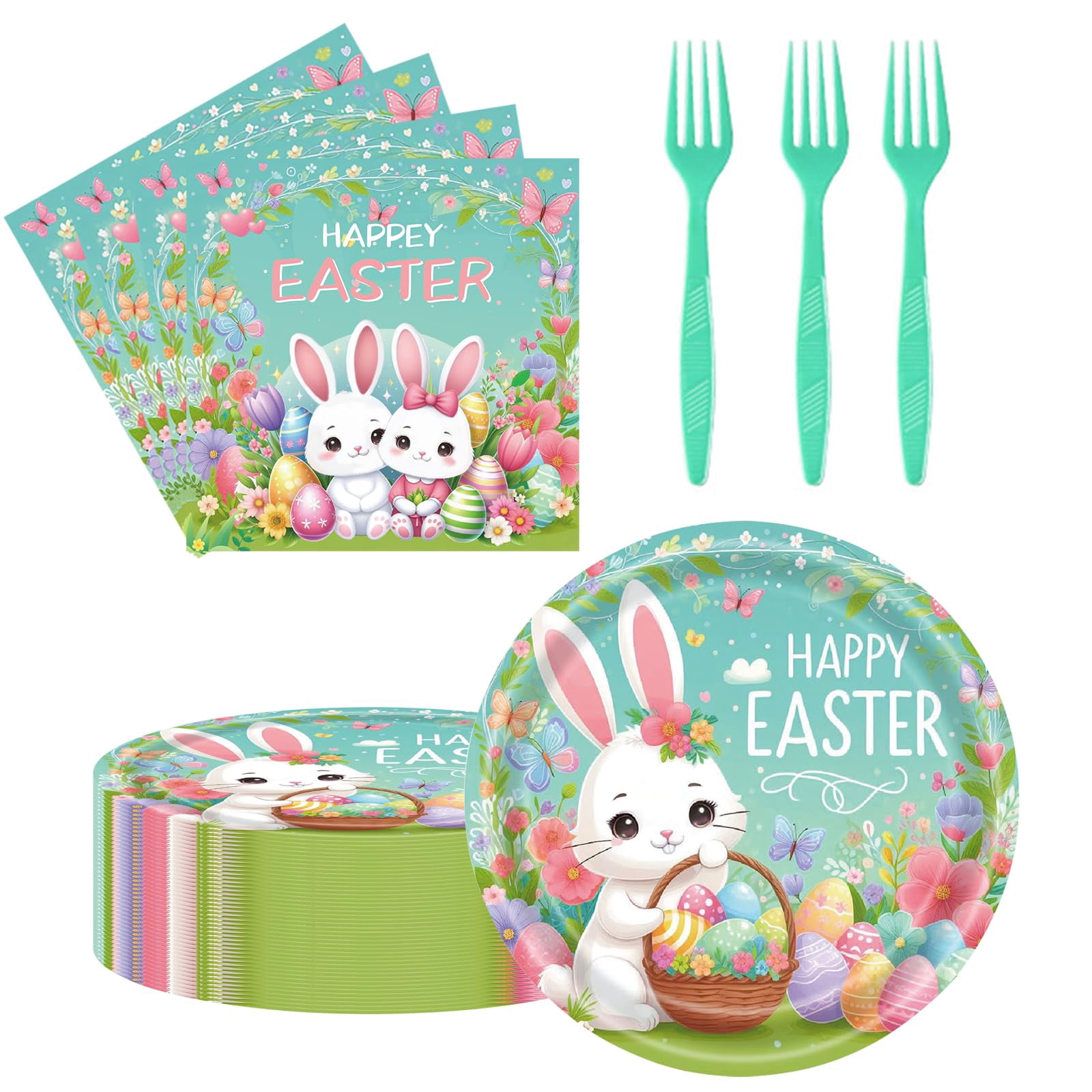 75 Pcs Easter Tableware Set Party Supplies,Green Pattern Happy Easter ...