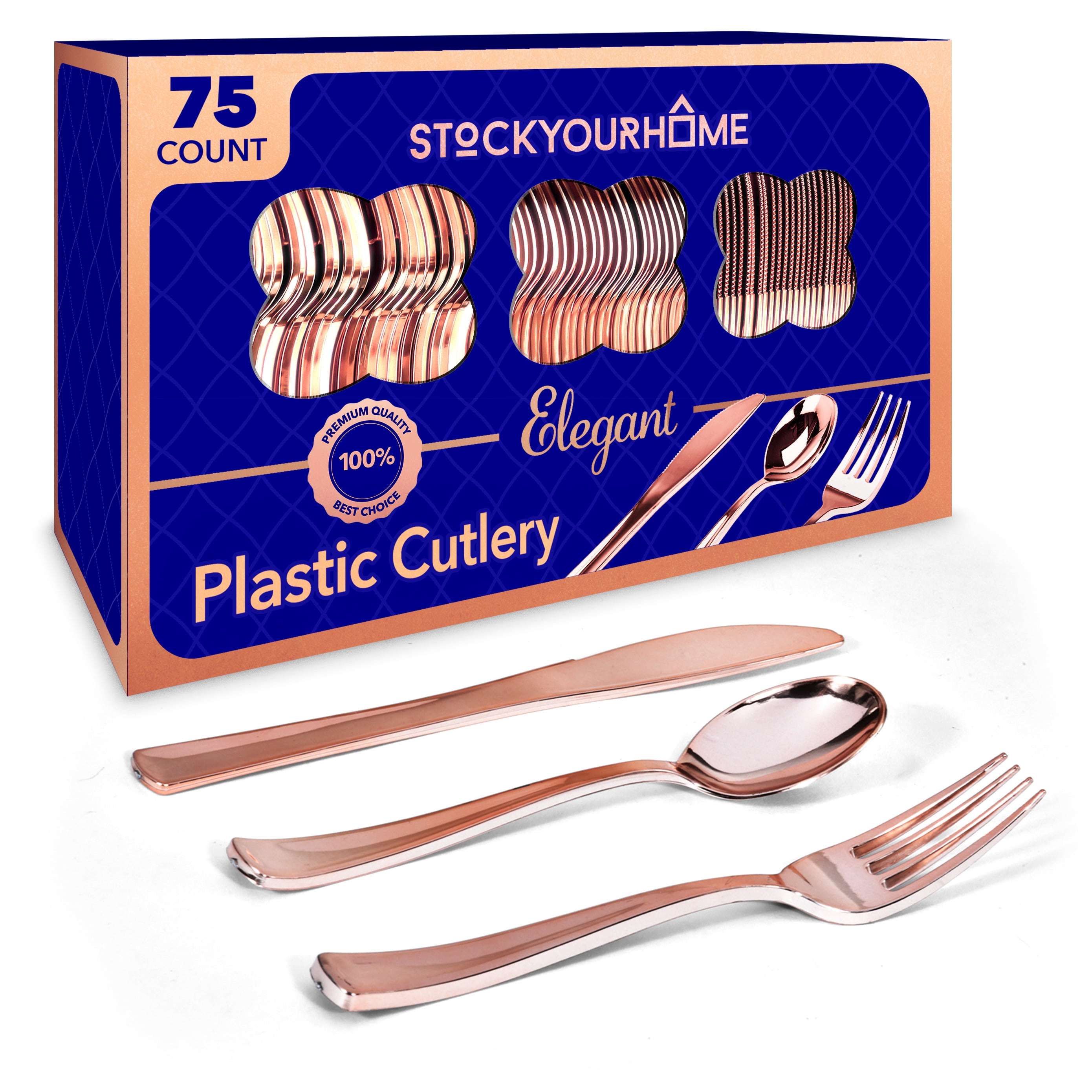 75pc Rose-Gold Heavy Duty Plastic Silverware Set, Fancy Disposable ...