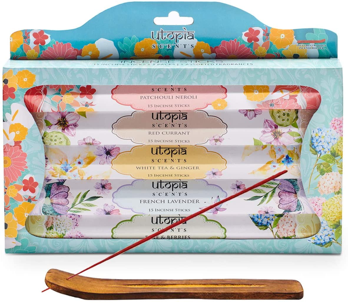 75 Premium Incense Sticks Variety Gift Pack + Bonus Wooden Holder ...