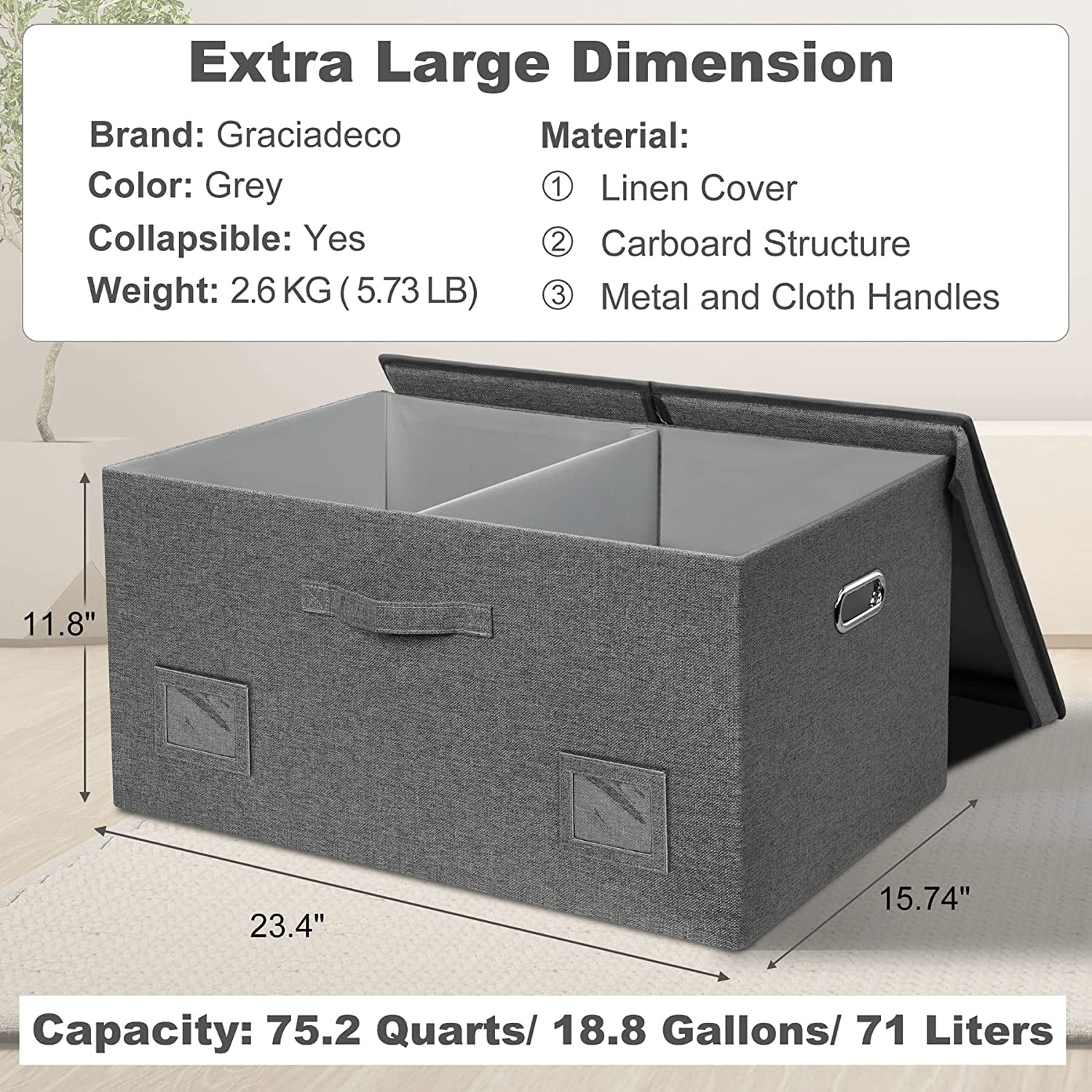 75 Quarts Extra Large Decorative Storage Bins With Lids, 1 Pack Gray ...