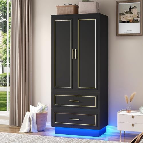 75” Tall 2 Doors Armoire Wardrobe Closet with 2 Drawers and LED Lights ...
