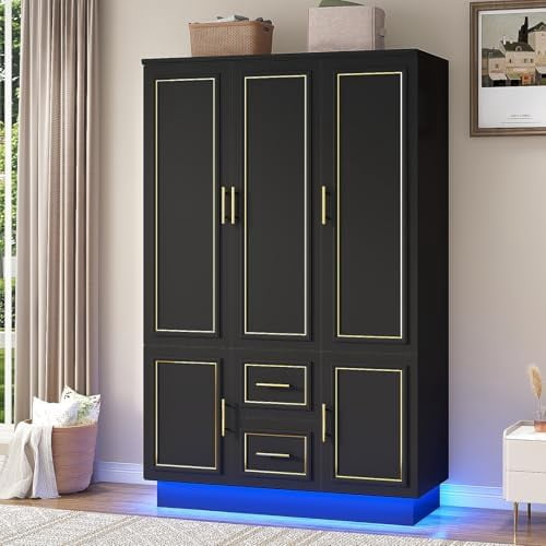 75” Tall 3 Doors Armoire Wardrobe Closet with 2 Drawers and LED Lights ...