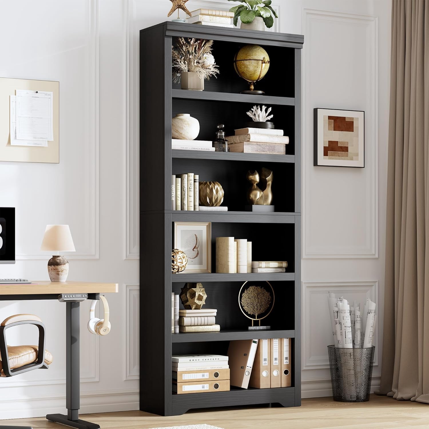 75" Tall 31.5"W 6-Tier Farmhouse Wooden Bookshelf, Adjustable Open ...