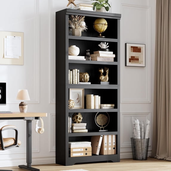 75" Tall 31.5"W 6-Tier Farmhouse Wooden Bookshelf, Adjustable Open ...