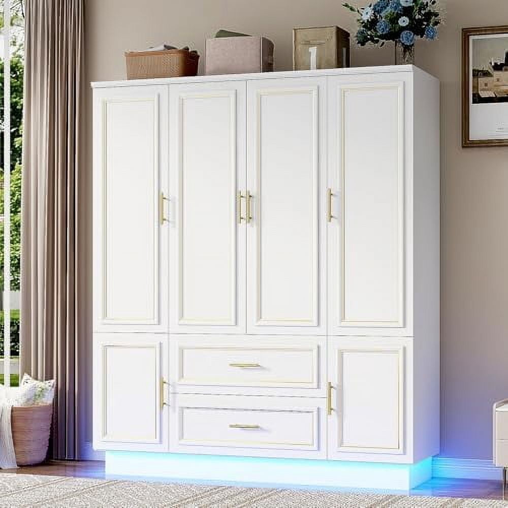 75” Tall 4 Doors Armoire Wardrobe Closet with 2 Drawers and LED Lights ...