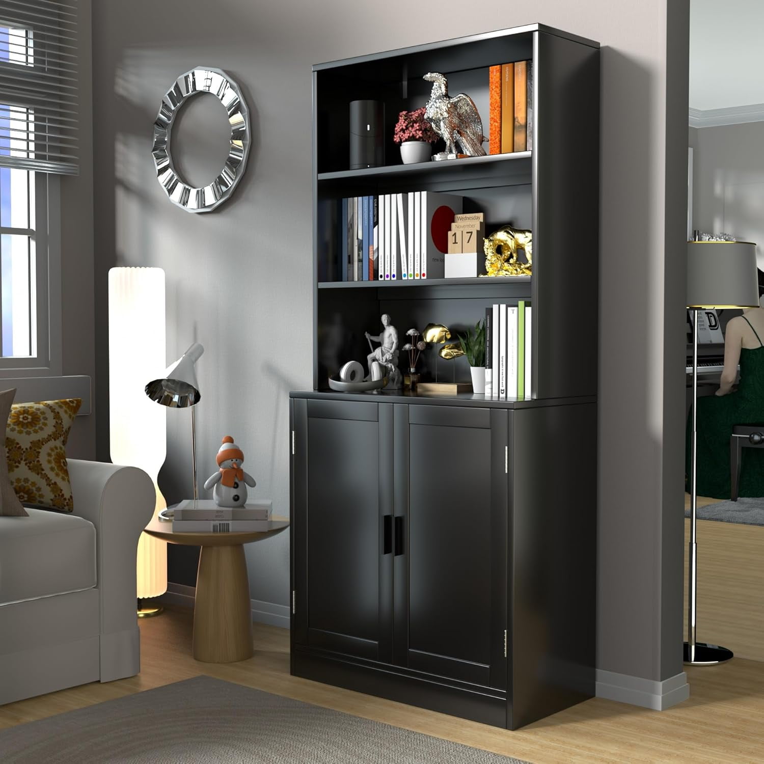 75" Tall Bookcase with Doors, 5 Tier Large Bookshelf with Cabinet ...