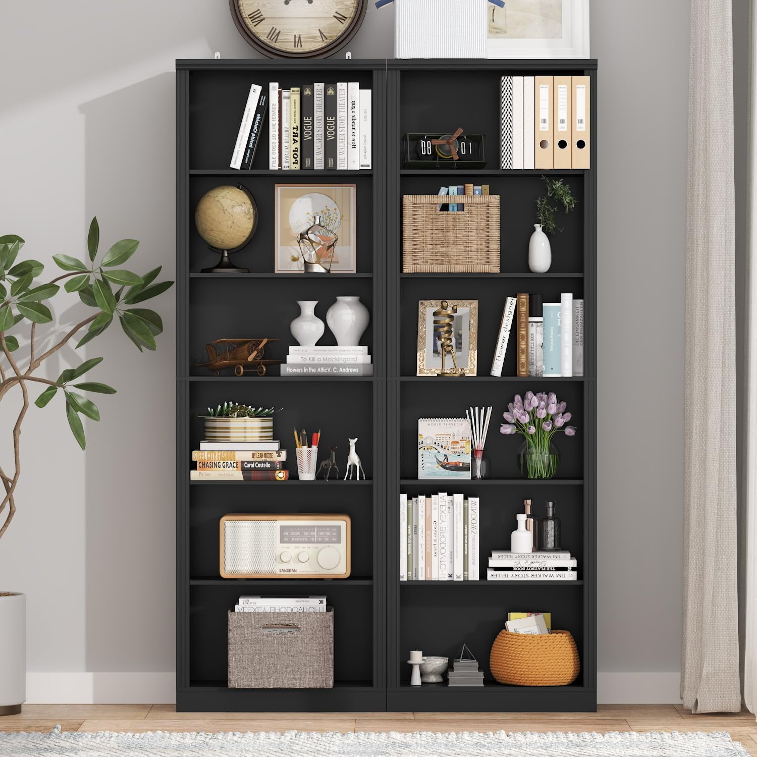 75" Tall Bookshelf & Bookcase Set of 2, 6-Tier Adjustable Storage ...