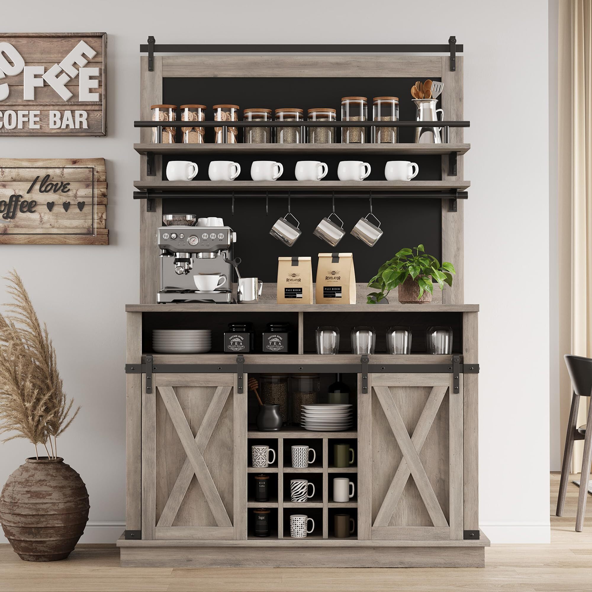 75" Tall Coffee Hutch Cabinet, Farmhouse Kitchen Buffet Sideboard with ...