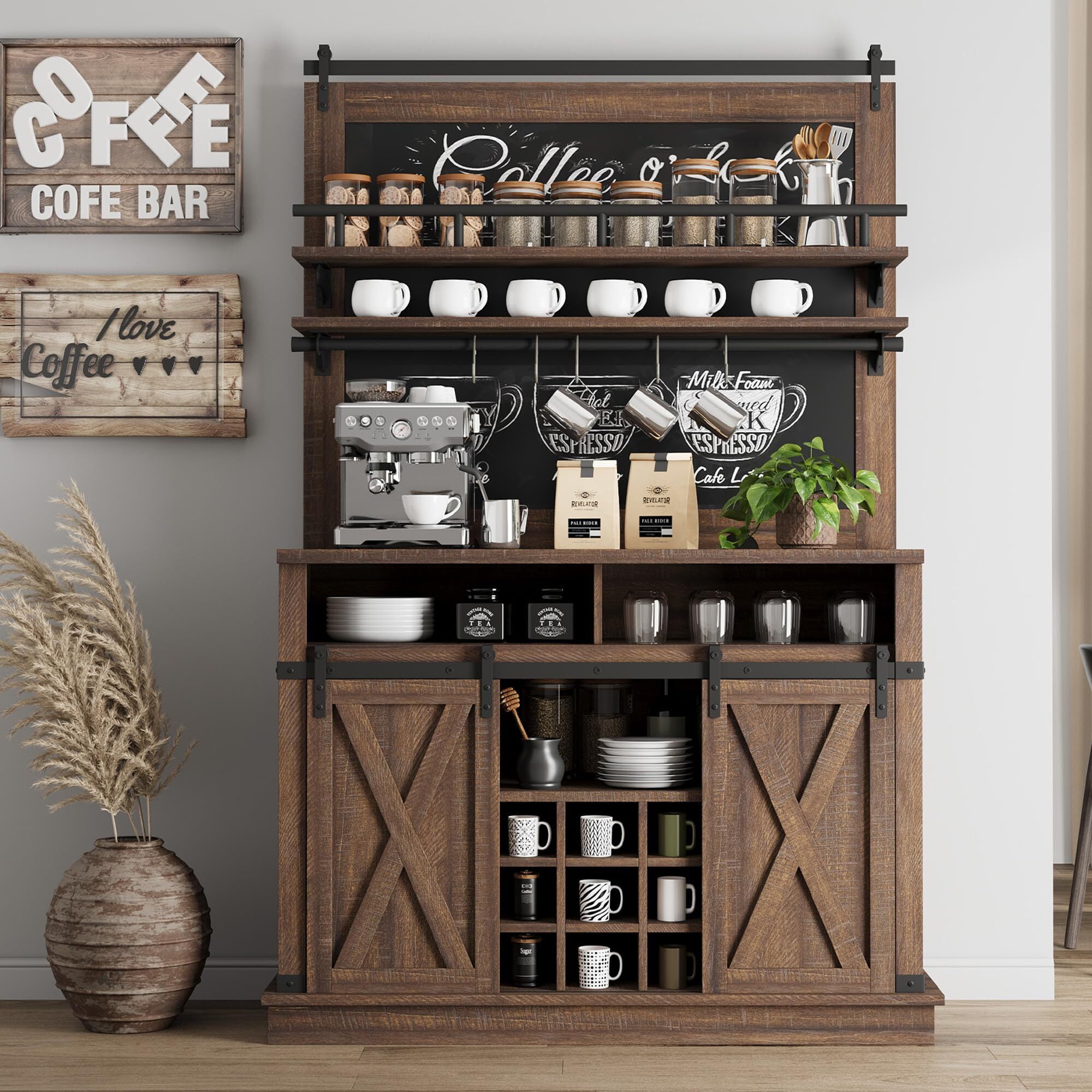75" Tall Coffee Hutch Cabinet, Farmhouse Kitchen Buffet Sideboard with ...