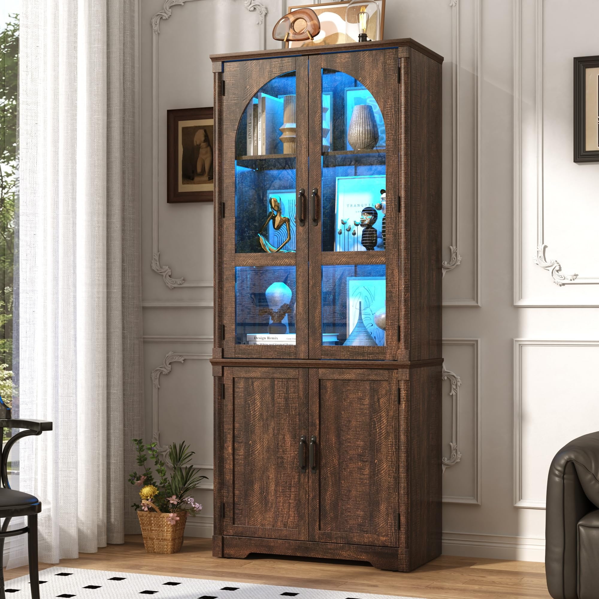 75" Tall Display Cabinet with 2 Arch Glass Doors & LED Lights ...