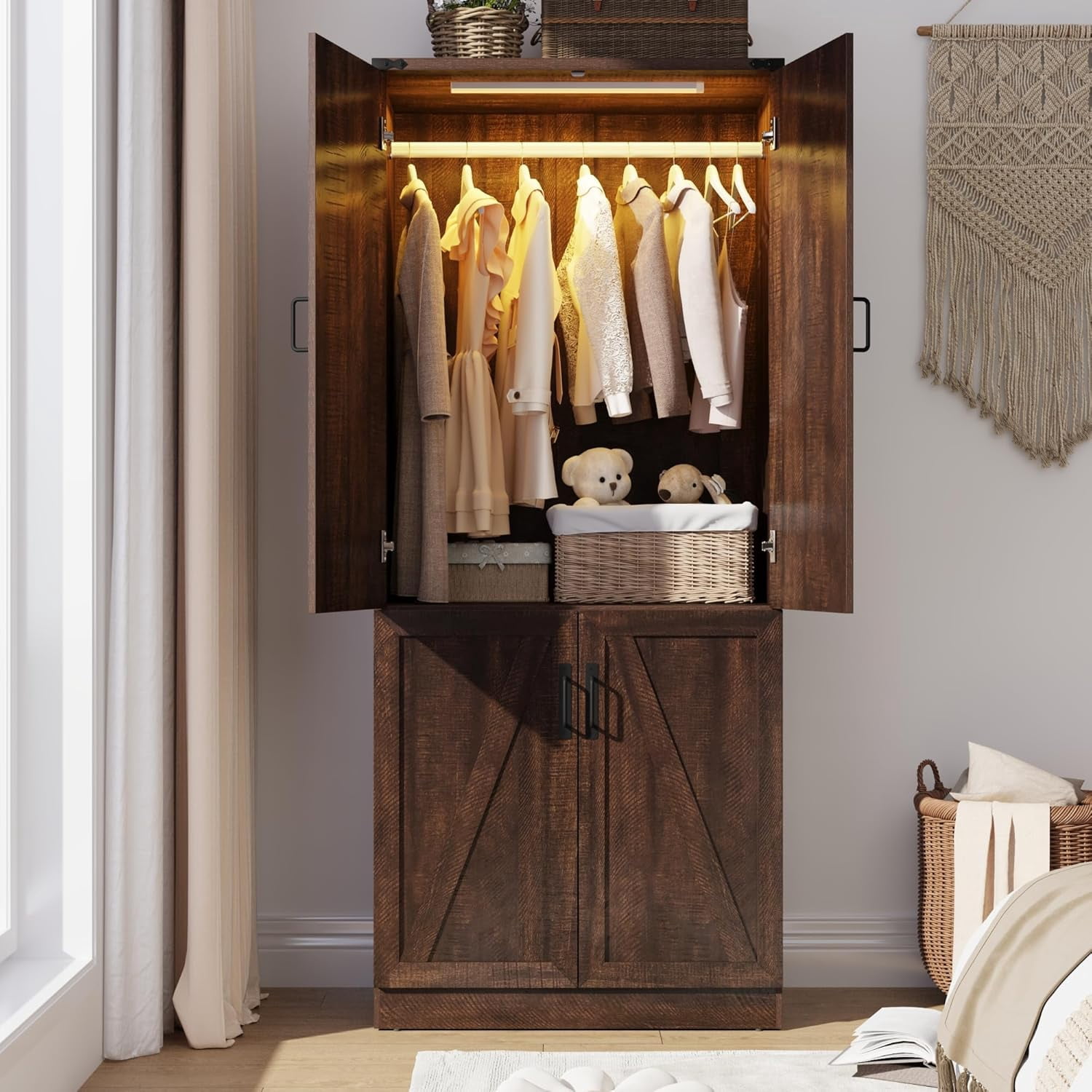 75" Tall Farmhouse 4 Doors Armoire Wardrobe Closet with 3 Drawers and ...