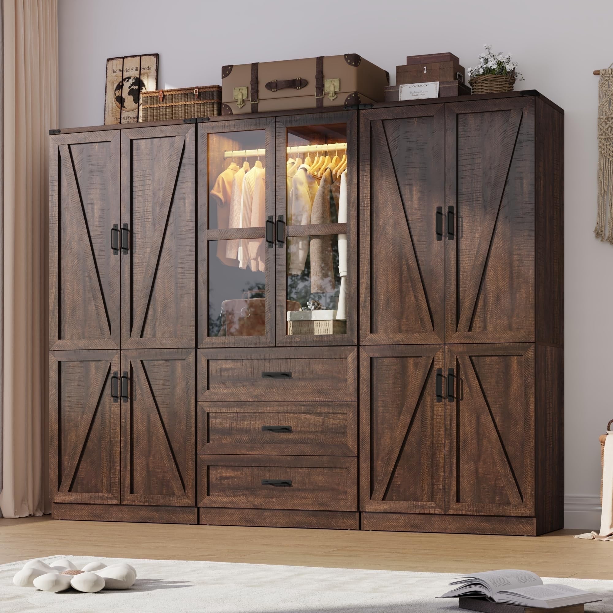 Blotout 6 Door Farmhouse Armoire Wardrobe with LED Lights & Drawers ...