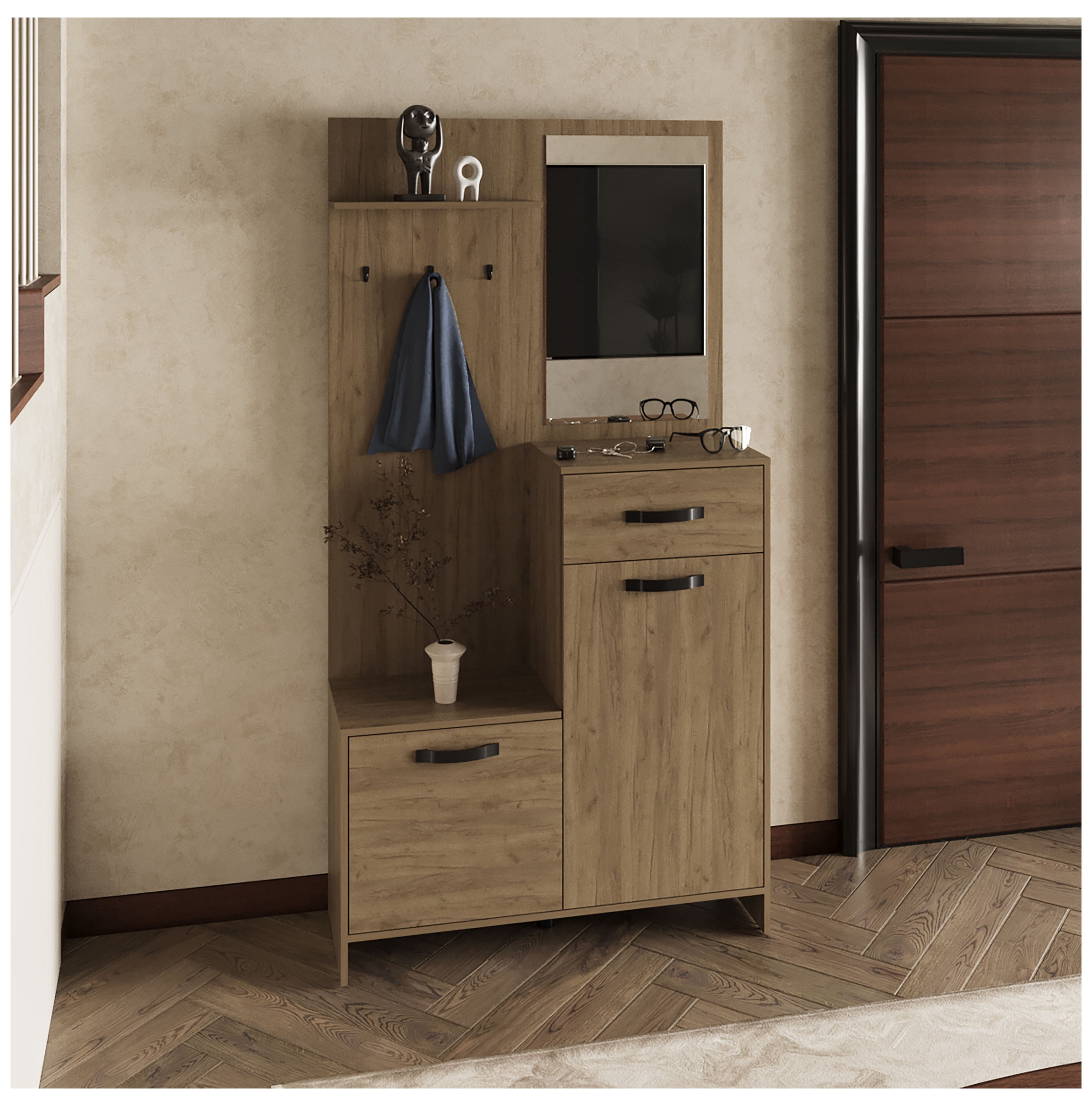 75" Tall Mirrored Tree Hall with Hangers, Three Shelves, Two Cabinets ...
