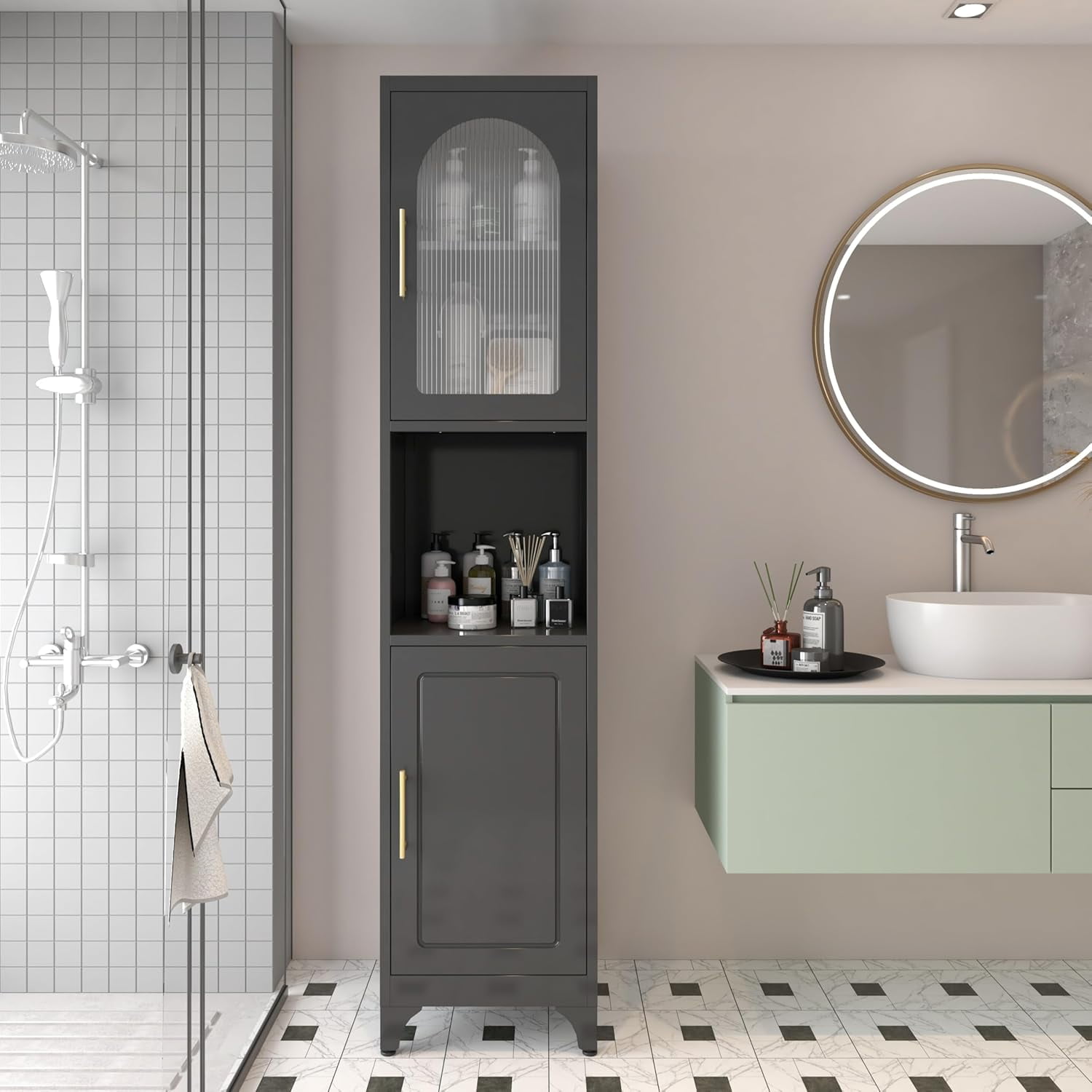 75" Tall Narrow Bathroom Storage Cabinet with Acrylic Fluted Glass ...