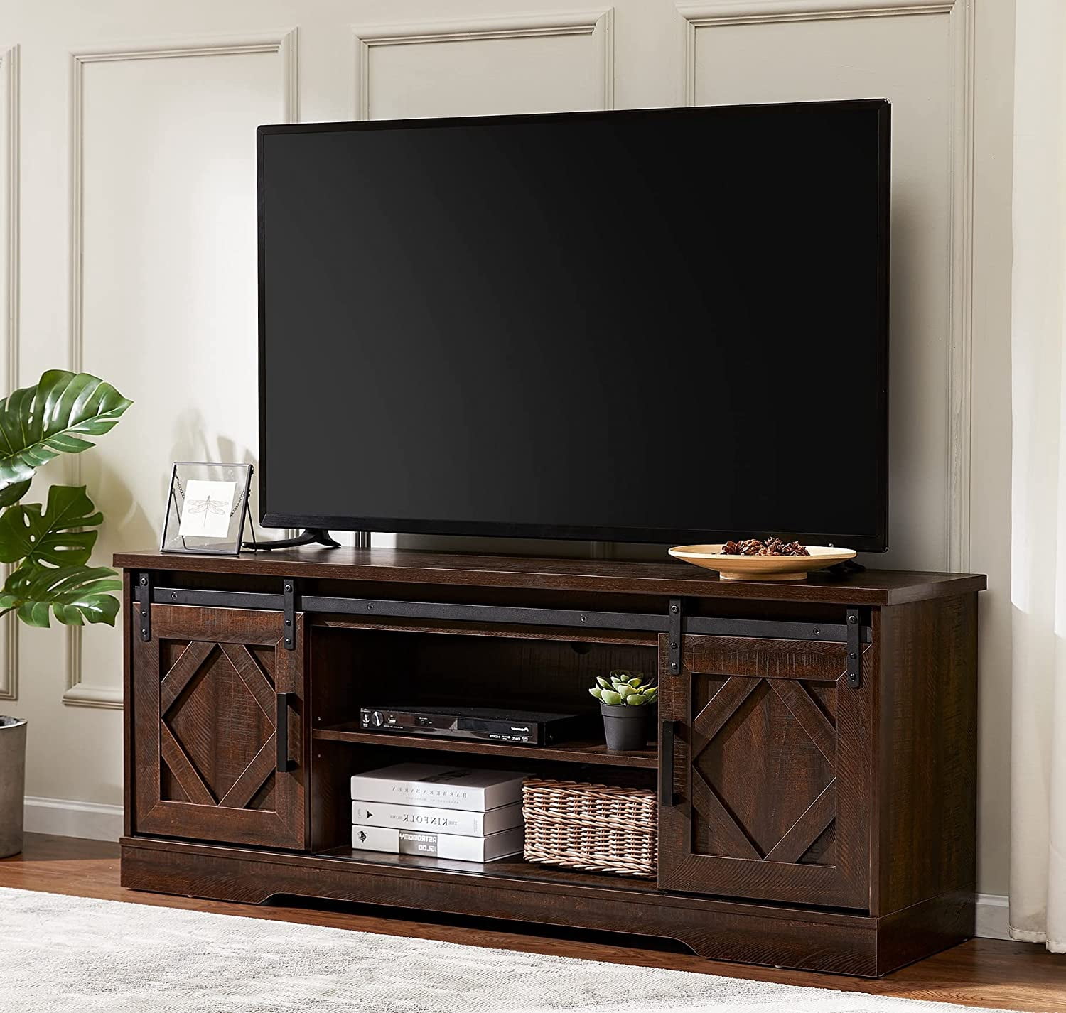 75 in Farmhouse TV Stand with Sliding Barn Door Wood Entertainment ...