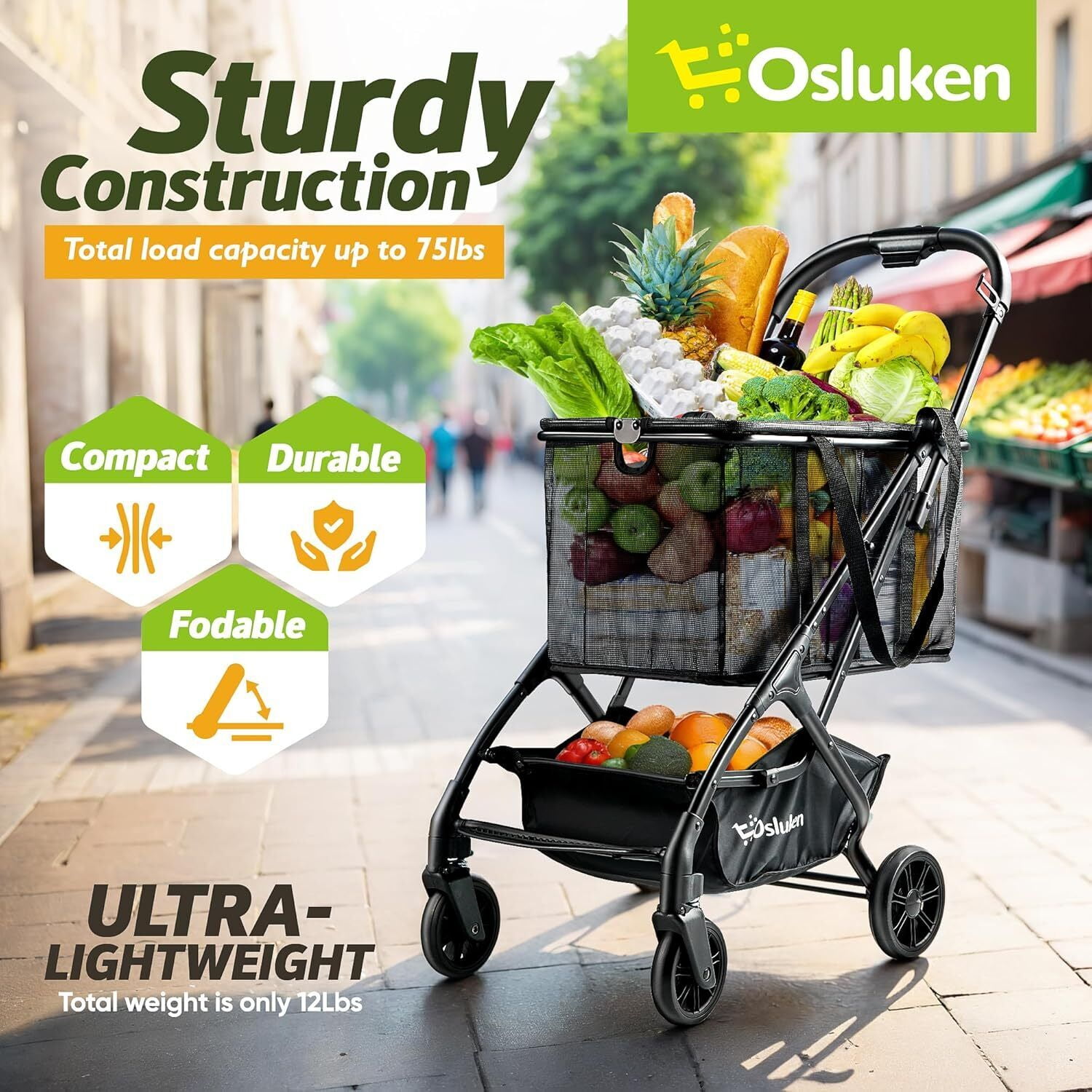 75 lbs Newly Upgraded Foldable Personal Portable Shopping Cart Grocery ...