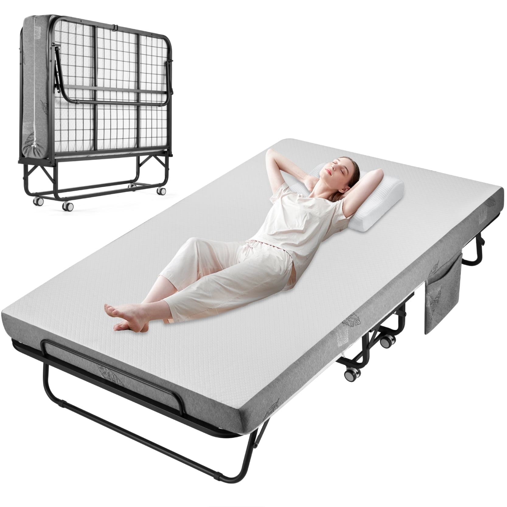 75" x 46" Extra Wide Folding Bed with 5" Mattress, Portable Guest Bed ...