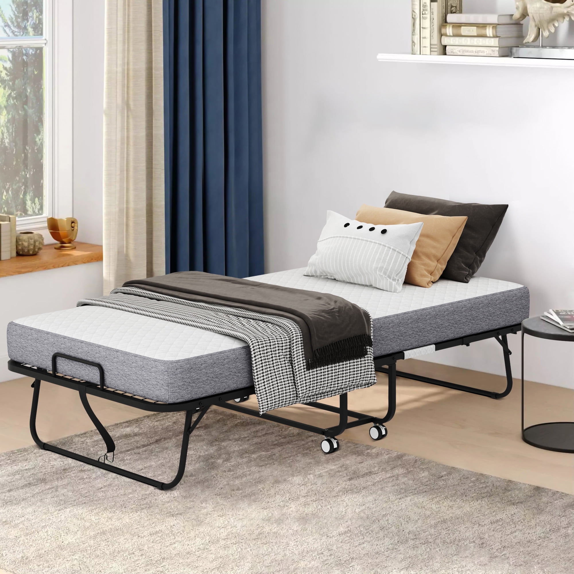 75" x 46" anywhere bed on wheels, folding single roll away beds with 5" memory foam mattresses ...