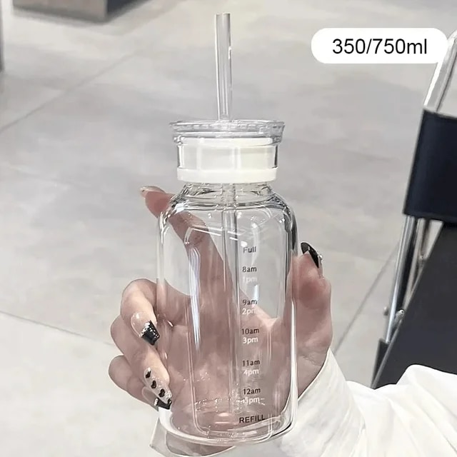 750/350ml Glass Transparent Water Bottles with Lid Straw Time Scale ...