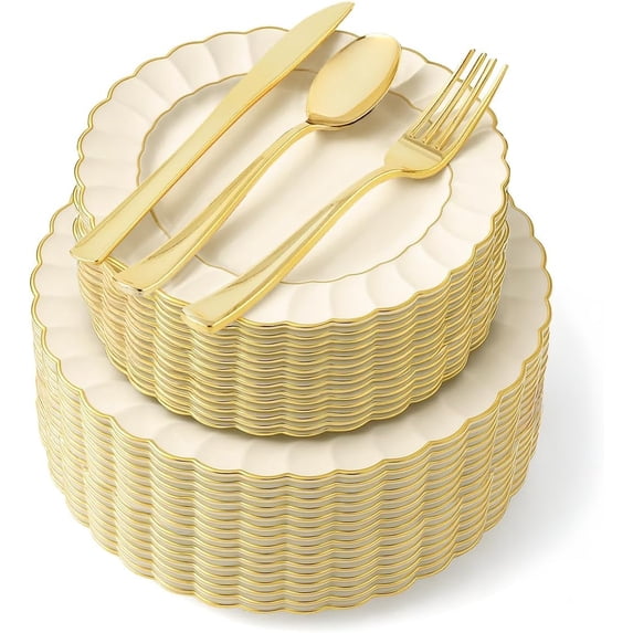 750 Pack Ivory and Gold Scalloped Plastic Dinnerware Set 150 Place ...
