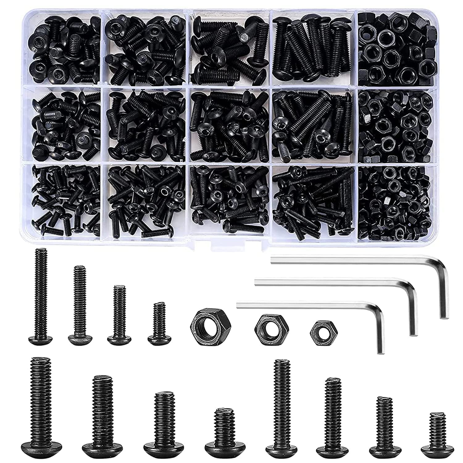 750 Pcs Carbon Steel Nuts and Bolts Washers set Assorted M3 M4 M5 Black ...