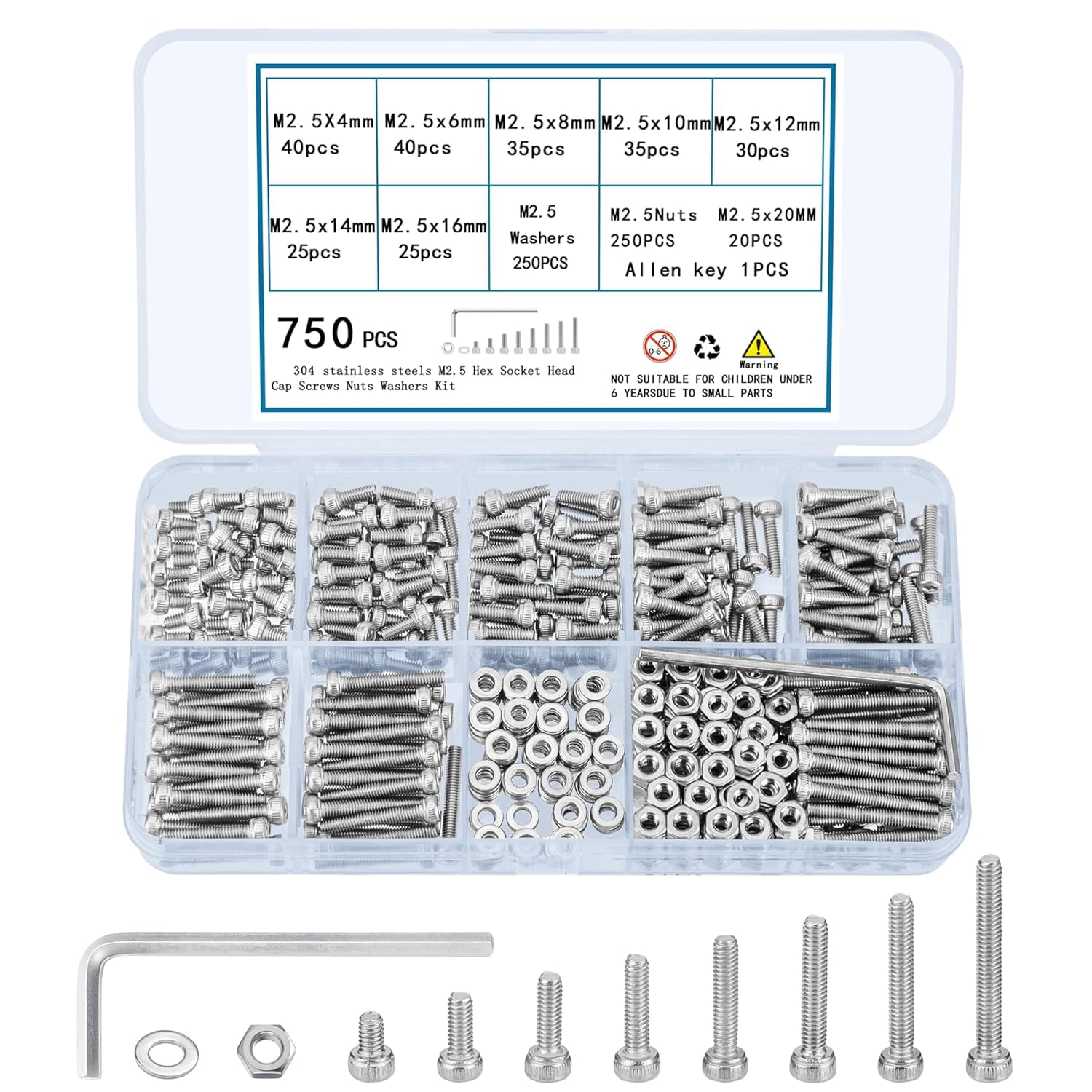 750 Pcs M2.5 Screws, Nuts and Washers Set - Metric Hex Socket Head Cap ...