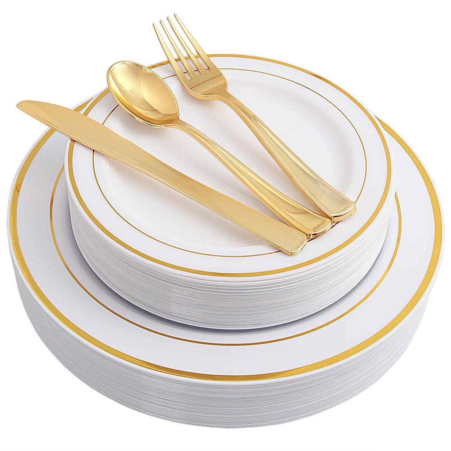Party Source 750 Pieces Plastic White w/Gold Band China Plates and Gold ...