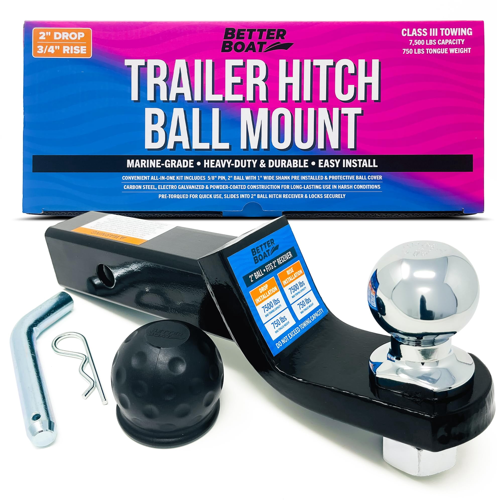 7500 Lbs Carbon Steel Trailer Hitch with 2" Ball, Pin and Cover, 2 Inch ...