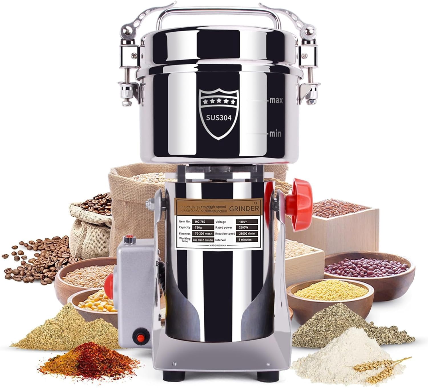 750g Grain Mill 2800W Stainless Grain Pulverizer Machine for Dry Wheat ...